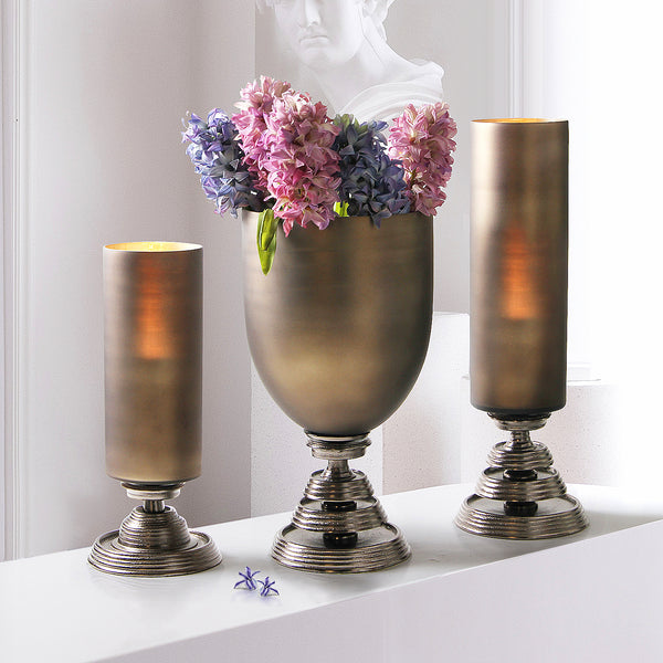 Prism Hurricane Glass Vases with Aluminum Base - Wholesale Case
